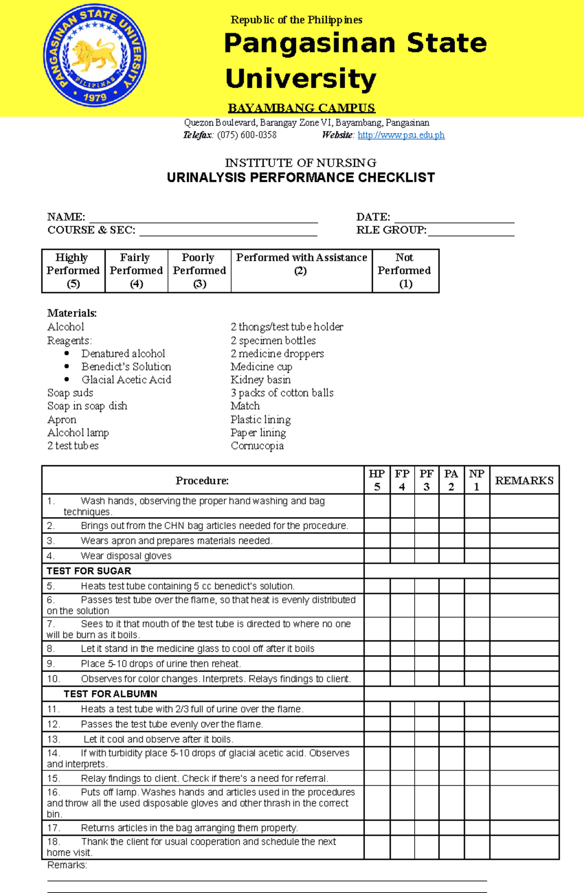 Urinalysis-checklist-2023 - Republic of the Philippines Pangasinan ...
