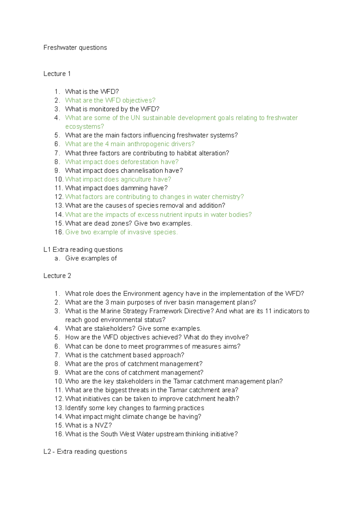 freshwater key questions - Freshwater questions Lecture 1 What is the ...