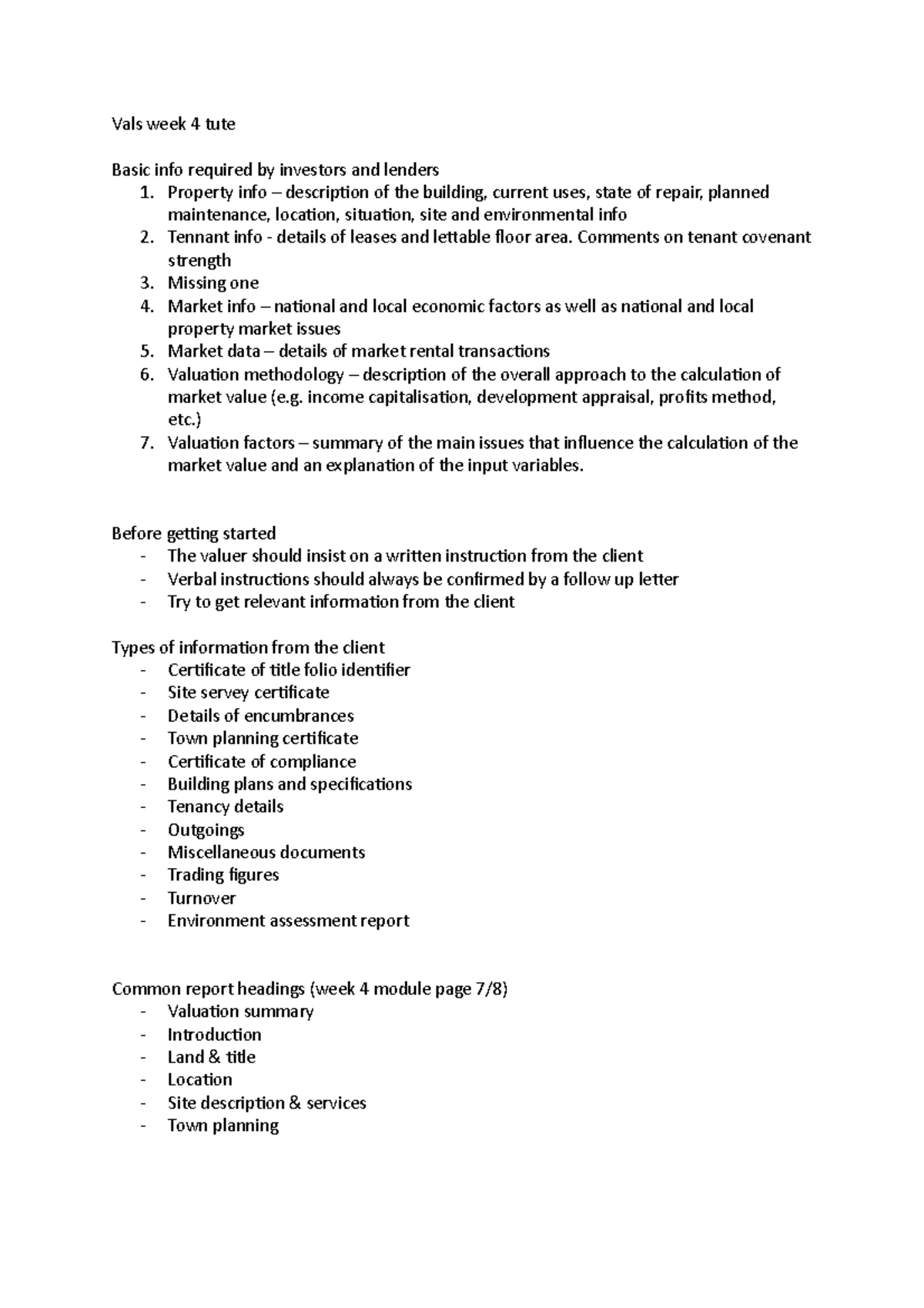 week 4 valuations tutorial work - Vals week 4 tute Basic info required by investors and lenders ...