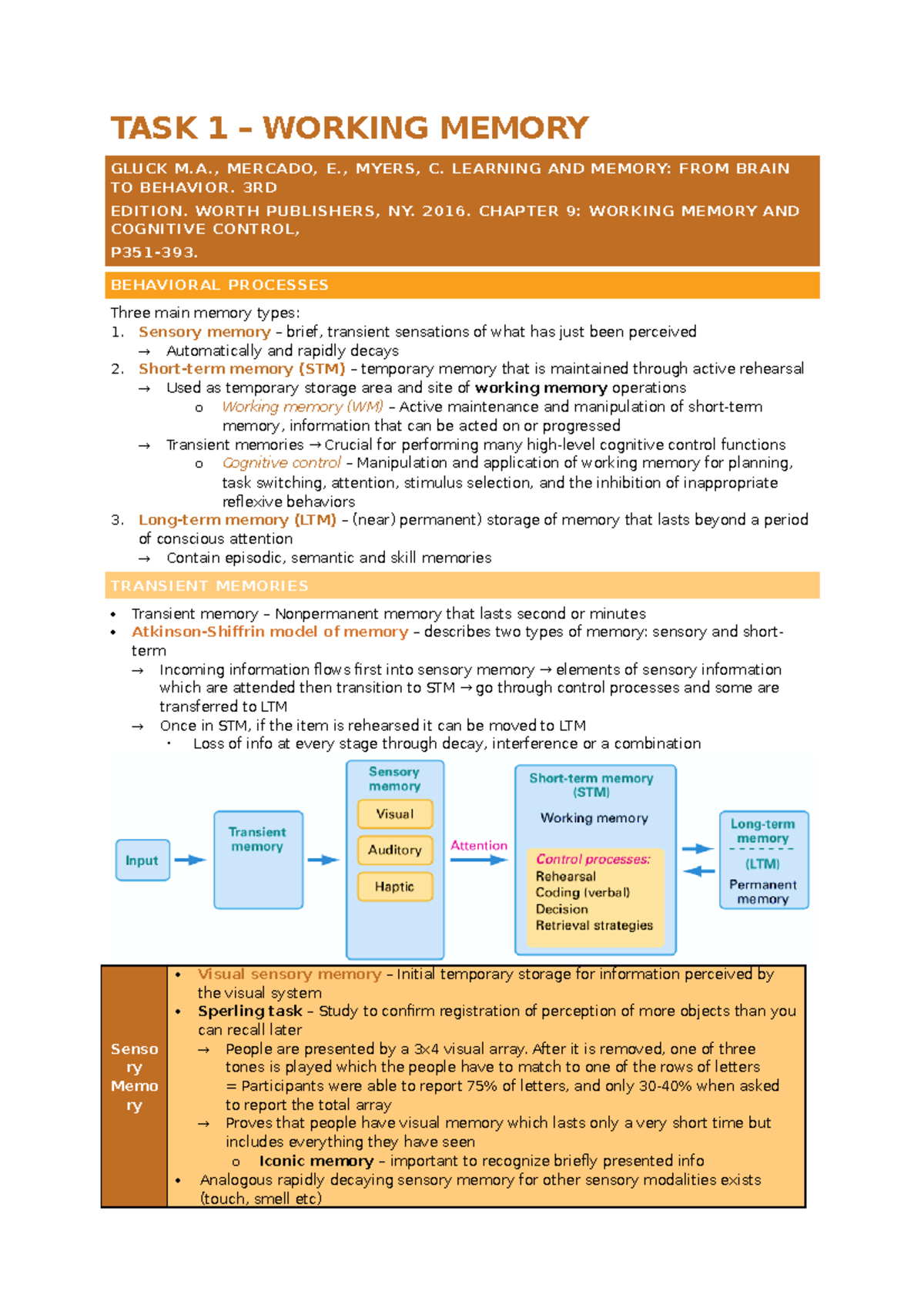 Task 1 - Working Memory - TASK 1 – WORKING MEMORY GLUCK M., MERCADO, E ...