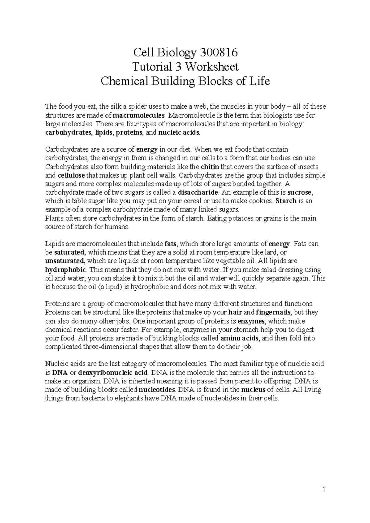 Tute 2 - Tutorial worksheet - Cell Biology 300816 Tutorial 3 Worksheet ...
