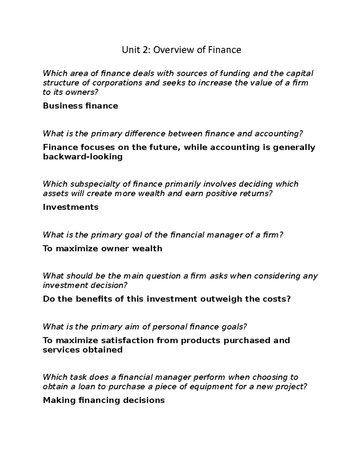 D076 - Unit 2 - D076 Unit 2 - Unit 2: Overview of Finance Which area of ...
