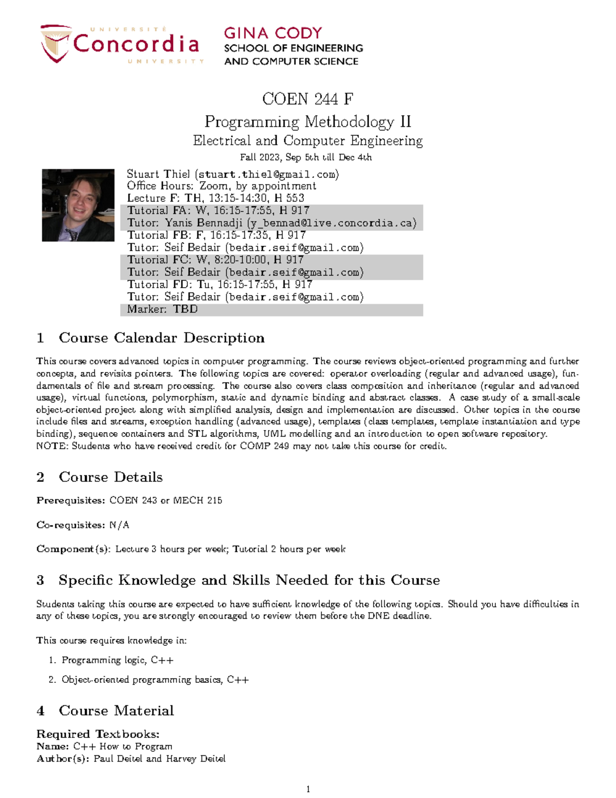 COEN244 - outline - COEN 244 F Programming Methodology II Electrical ...