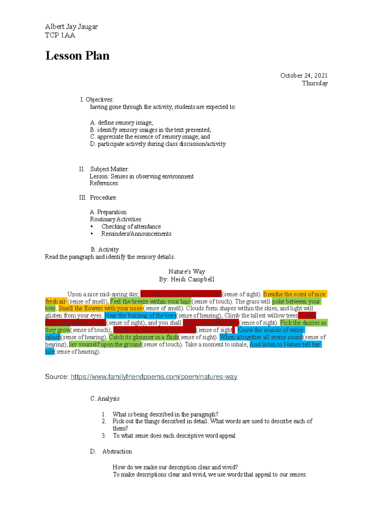 sample Lesson plan sensory - secondary education - UZ - Studocu