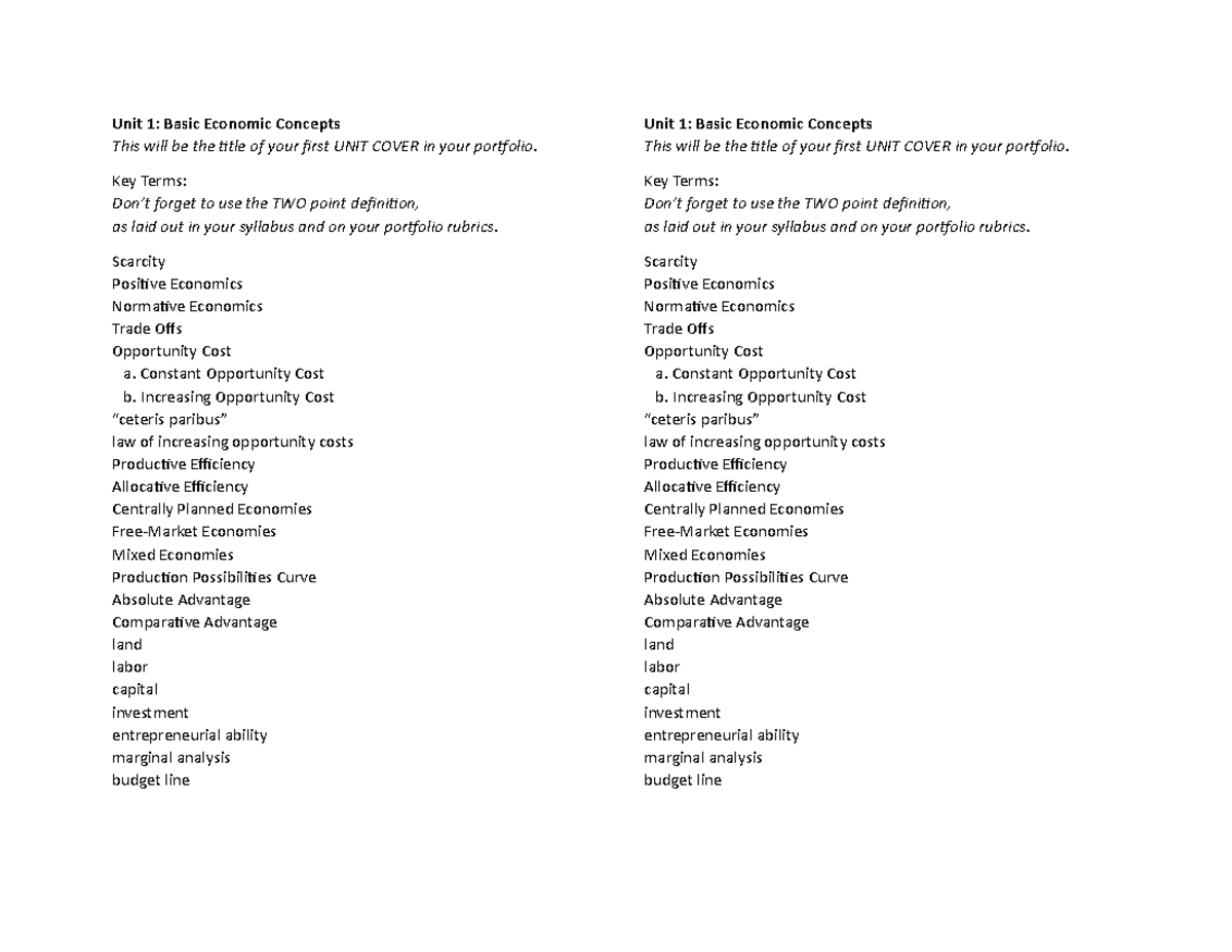 Unit-1 Terms List - Unit 1: Basic Economic Concepts This will be the ...