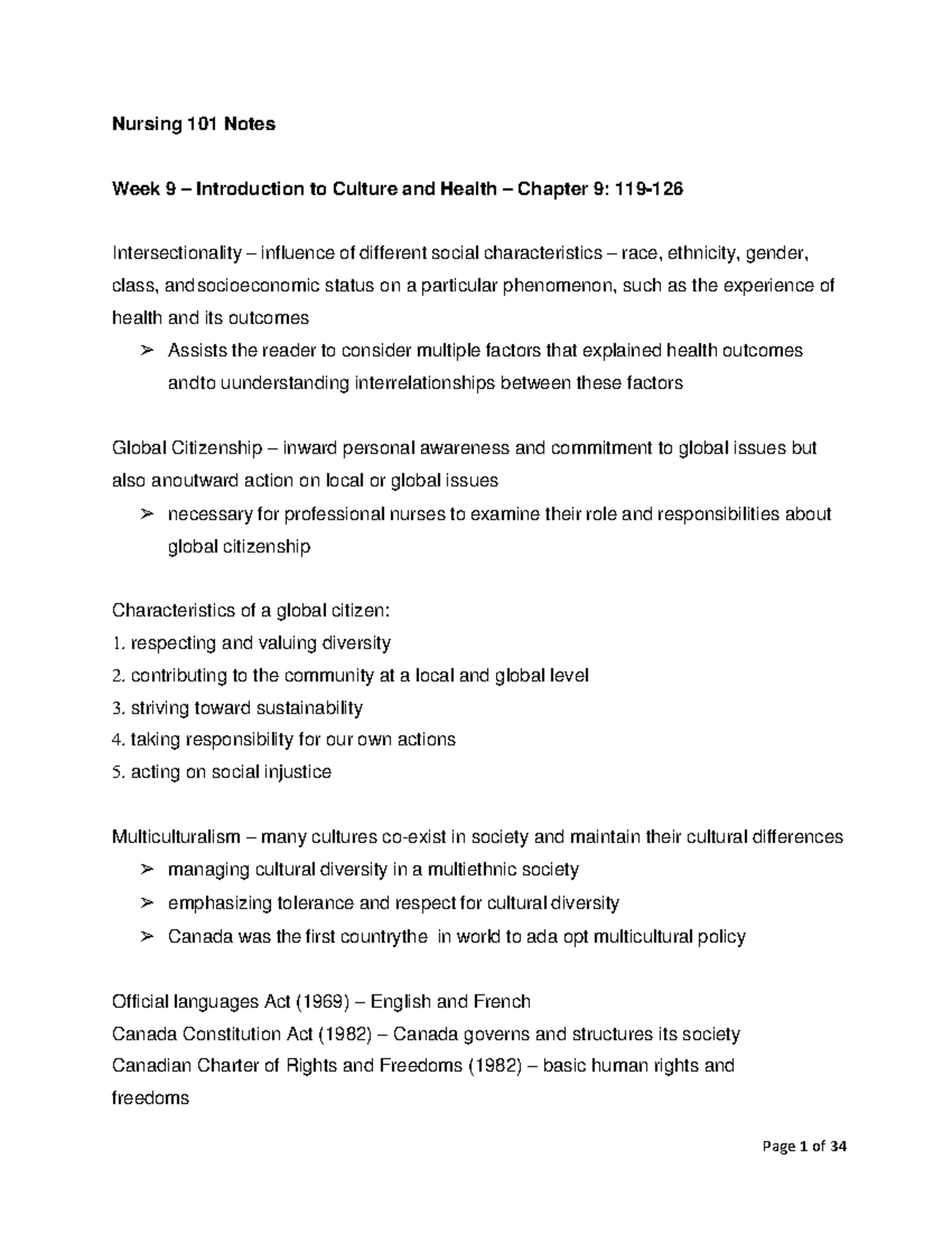 Nursing 101 Notes 2 WEEK 9 Introduction TO Culture AND Health - Nursing ...