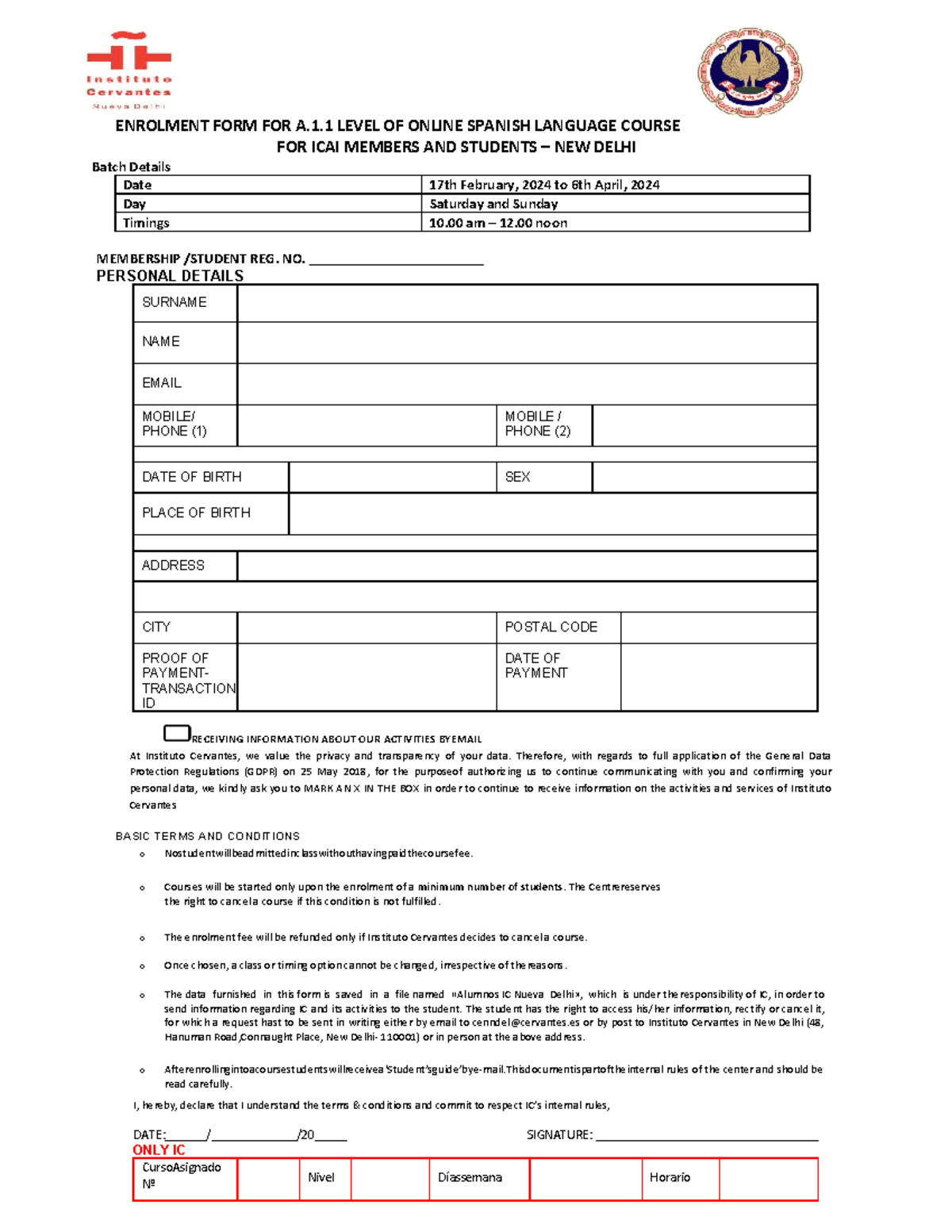 ICAI Spanish class - morning batch form - ENROLMENT FORM FOR A.1 LEVEL ...