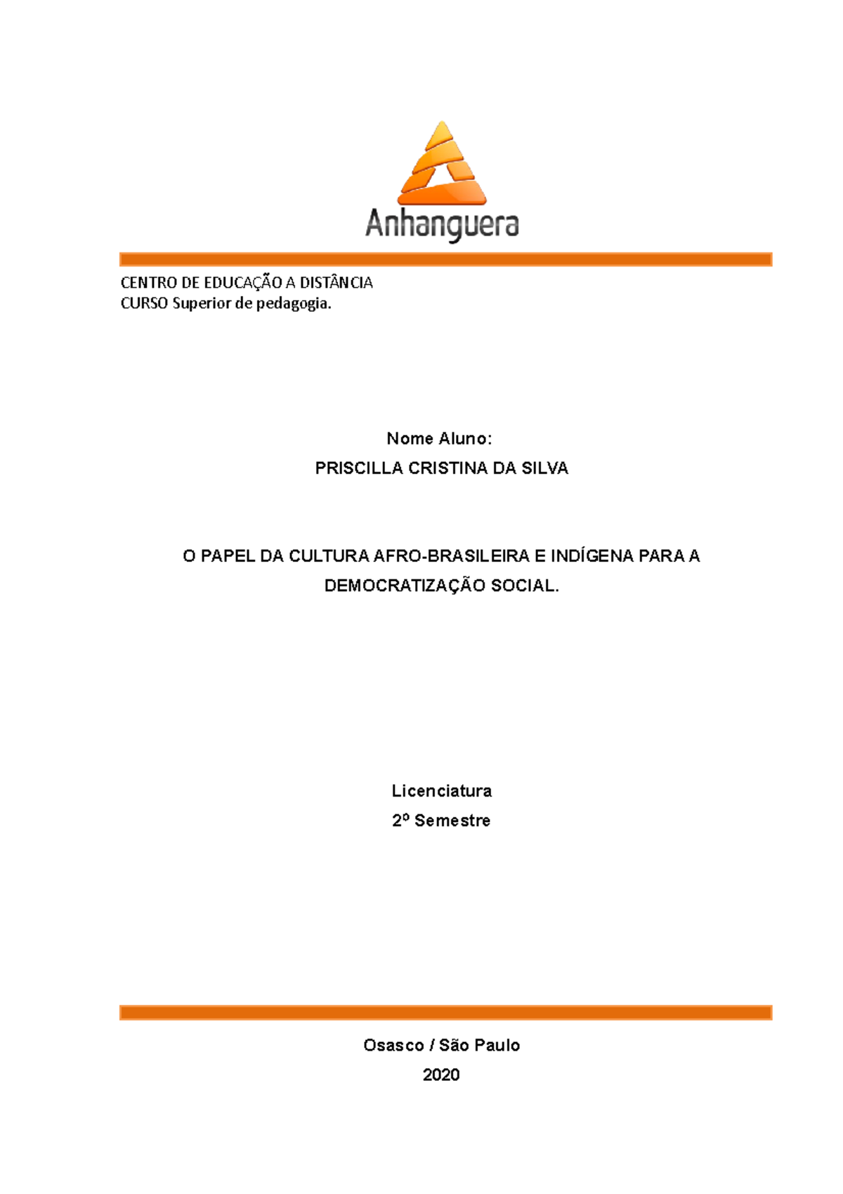 Capa De Trabalho Da Anhanguera - RETOEDU Capa De Trabalho Da Anhanguera - RETOEDU