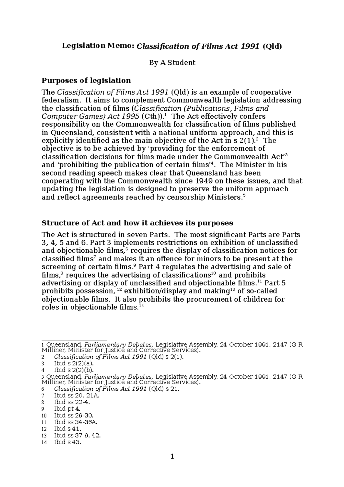 Legislative Memo Example - Legislation Memo: Classification of Films ...