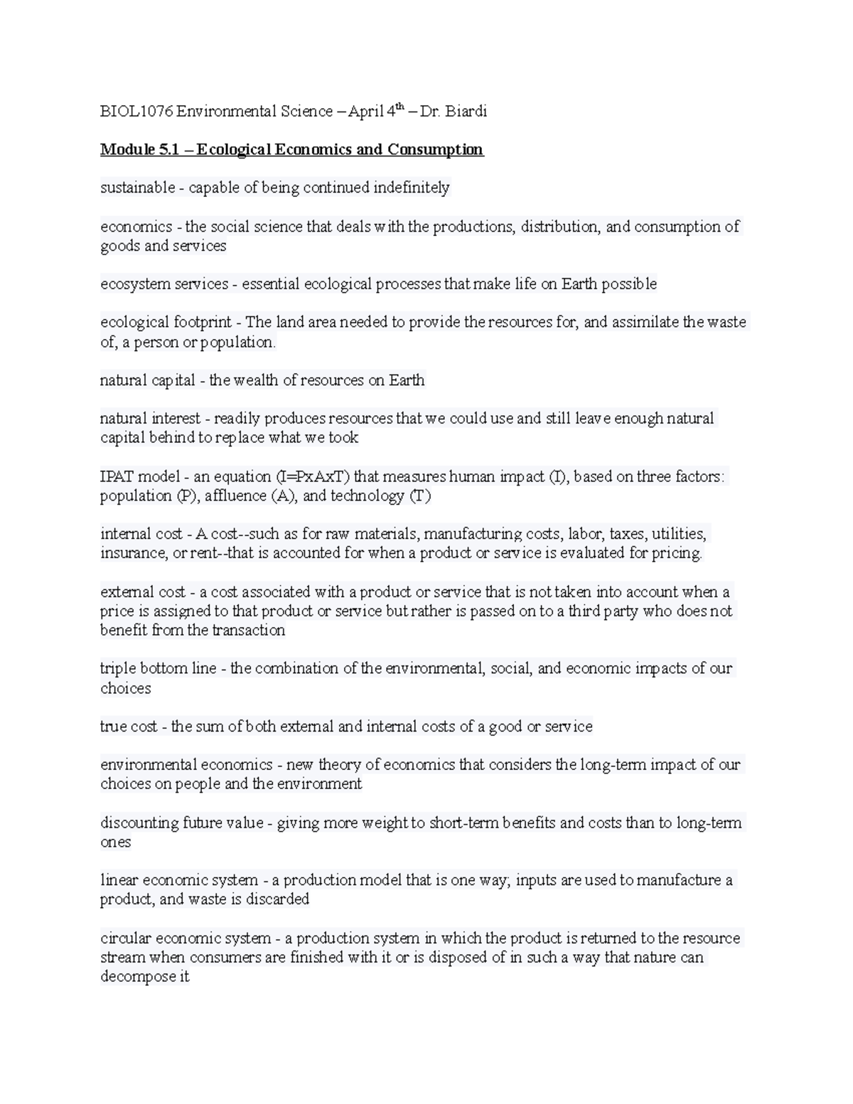 BIOL1076 Environmental Science - Biardi Module 5 – Ecological Economics ...