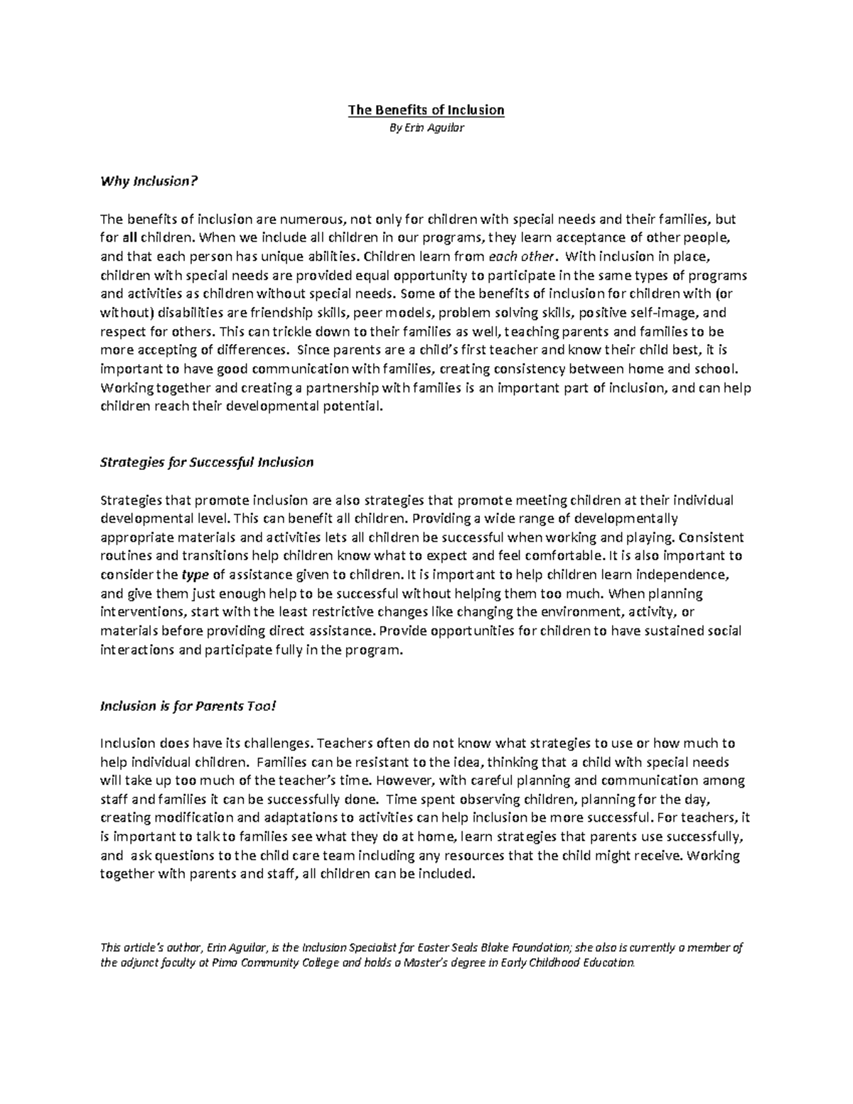 The benefits of inclusion - The Benefits of Inclusion By Erin Aguilar ...