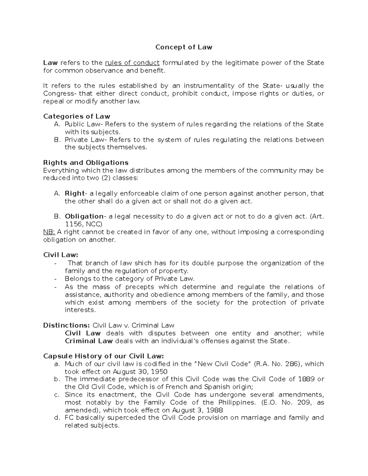 Notes in Civil Law (Persons and Family Relations) - Concept of Law Law ...