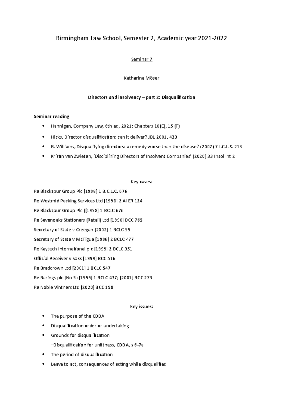 LLM Company Law Seminar Sheet 7 - Birmingham Law School, Semester 2 ...
