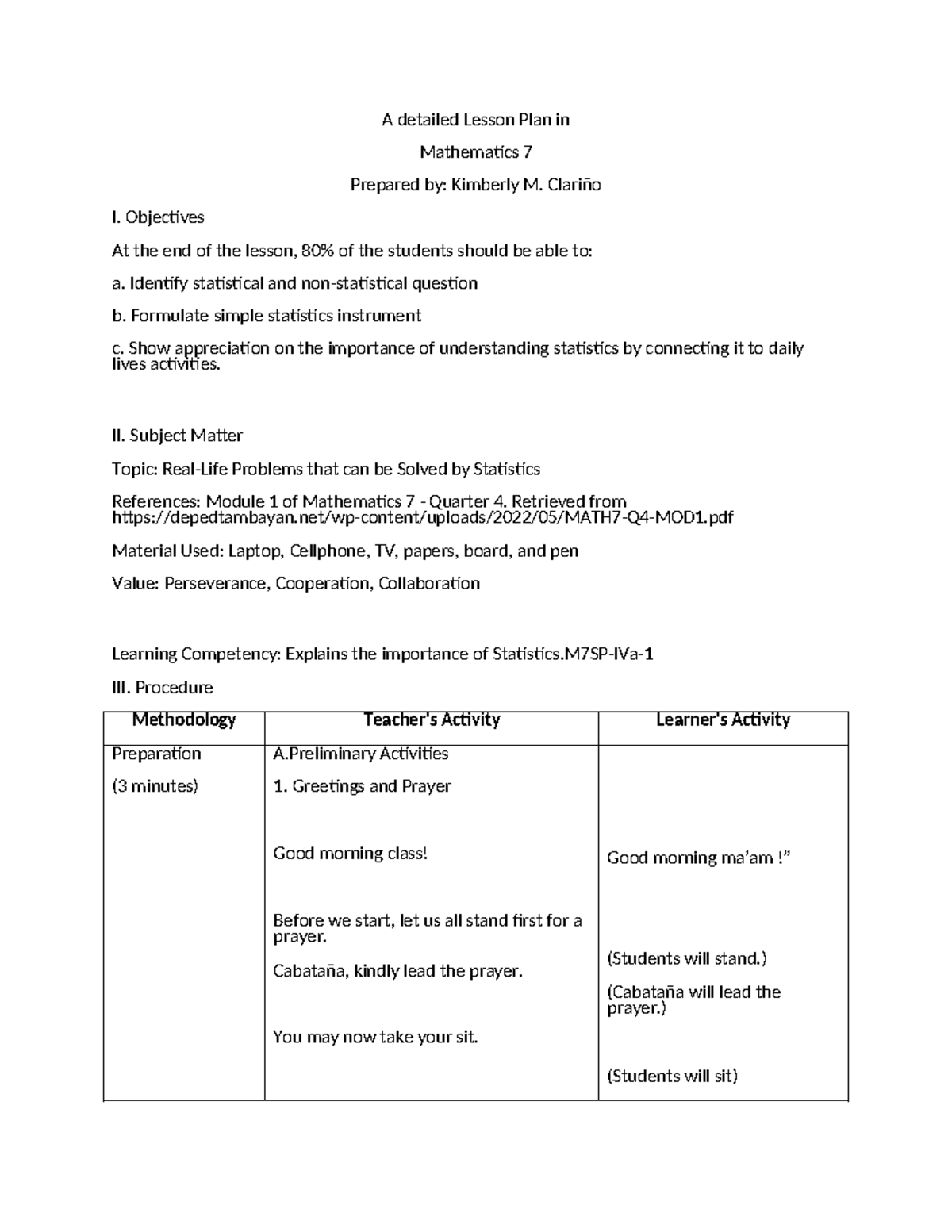Lesson Plan in math - A detailed Lesson Plan in Mathematics 7 Prepared ...