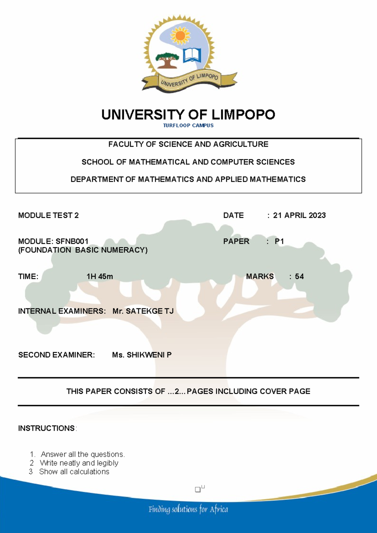SFNB001 Test 2 2023 - UNIVERSITY OF LIMPOPO TURFLOOP CAMPUS FACULTY OF ...