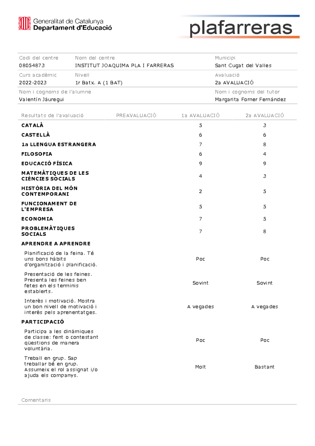 Institut Joaquima PLA I Farreras 1r Batx. A 20222023 Valentin Jauregui ...