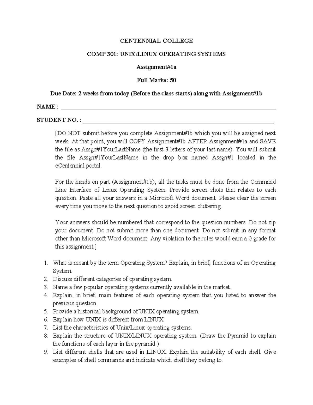 Lab 1a Nn Labs Centennial College Comp 301 Unixlinux Operating Systems Assignment1a Full