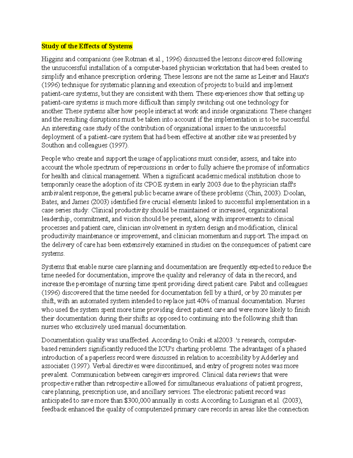 Study of the Effects of Systems - Study of the Effects of Systems ...