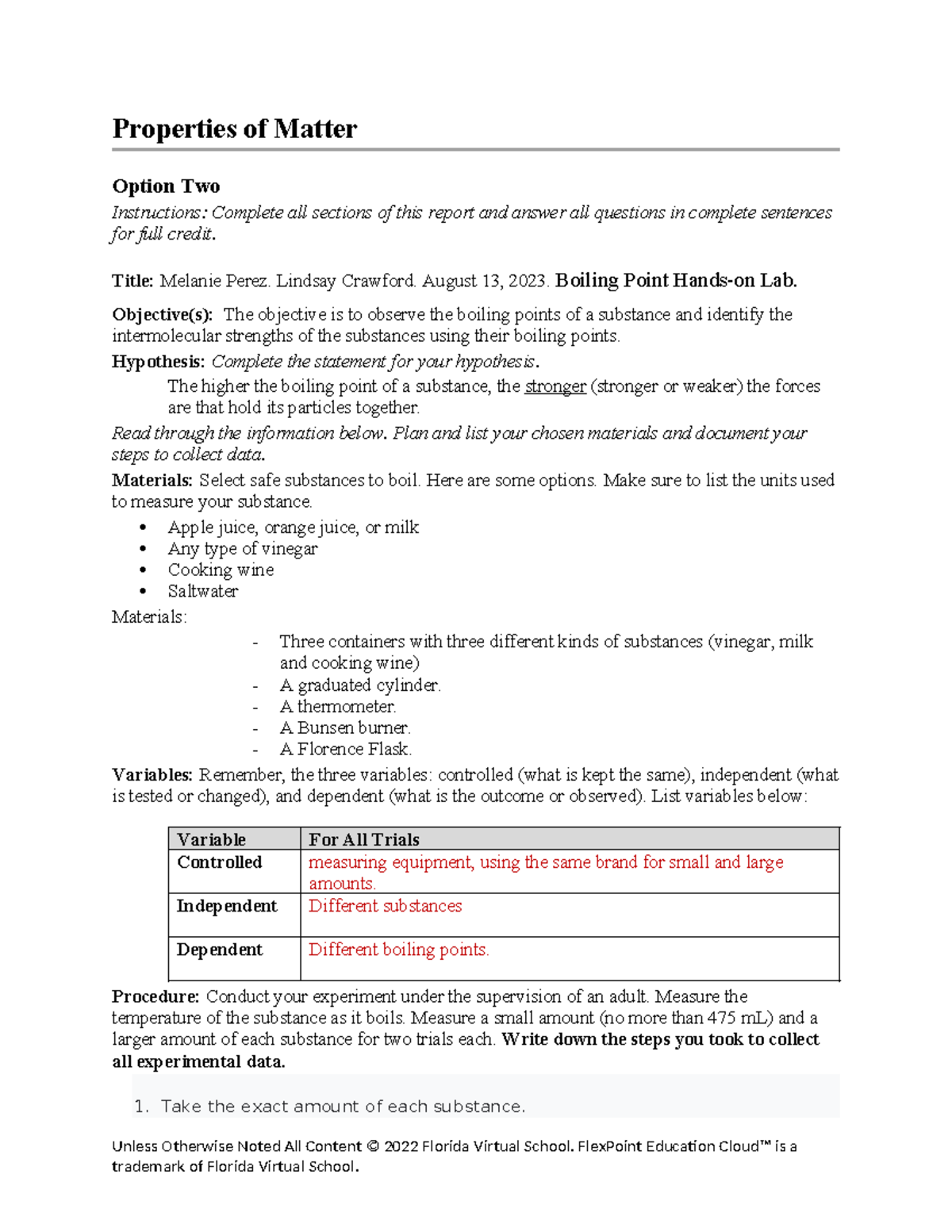 Chemical report - Properties of Matter Option Two Instructions ...