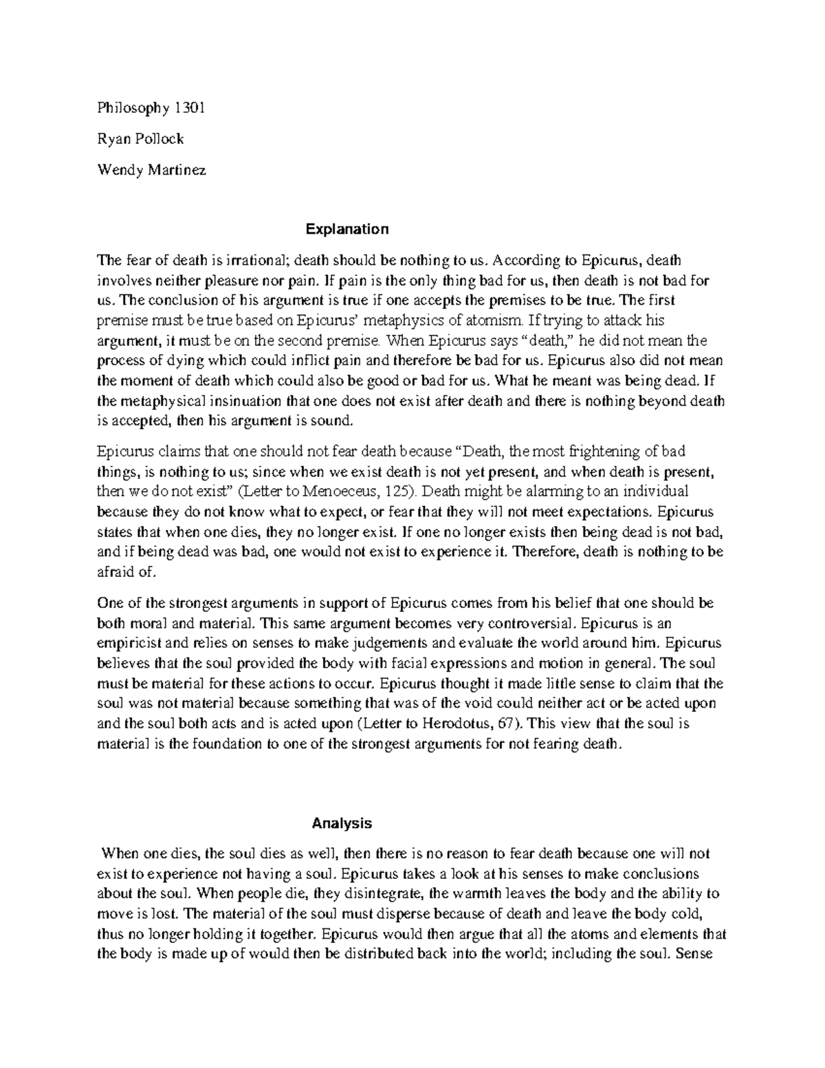 Explanation of Epicurus' Argument on the Fear of Death - Studocu