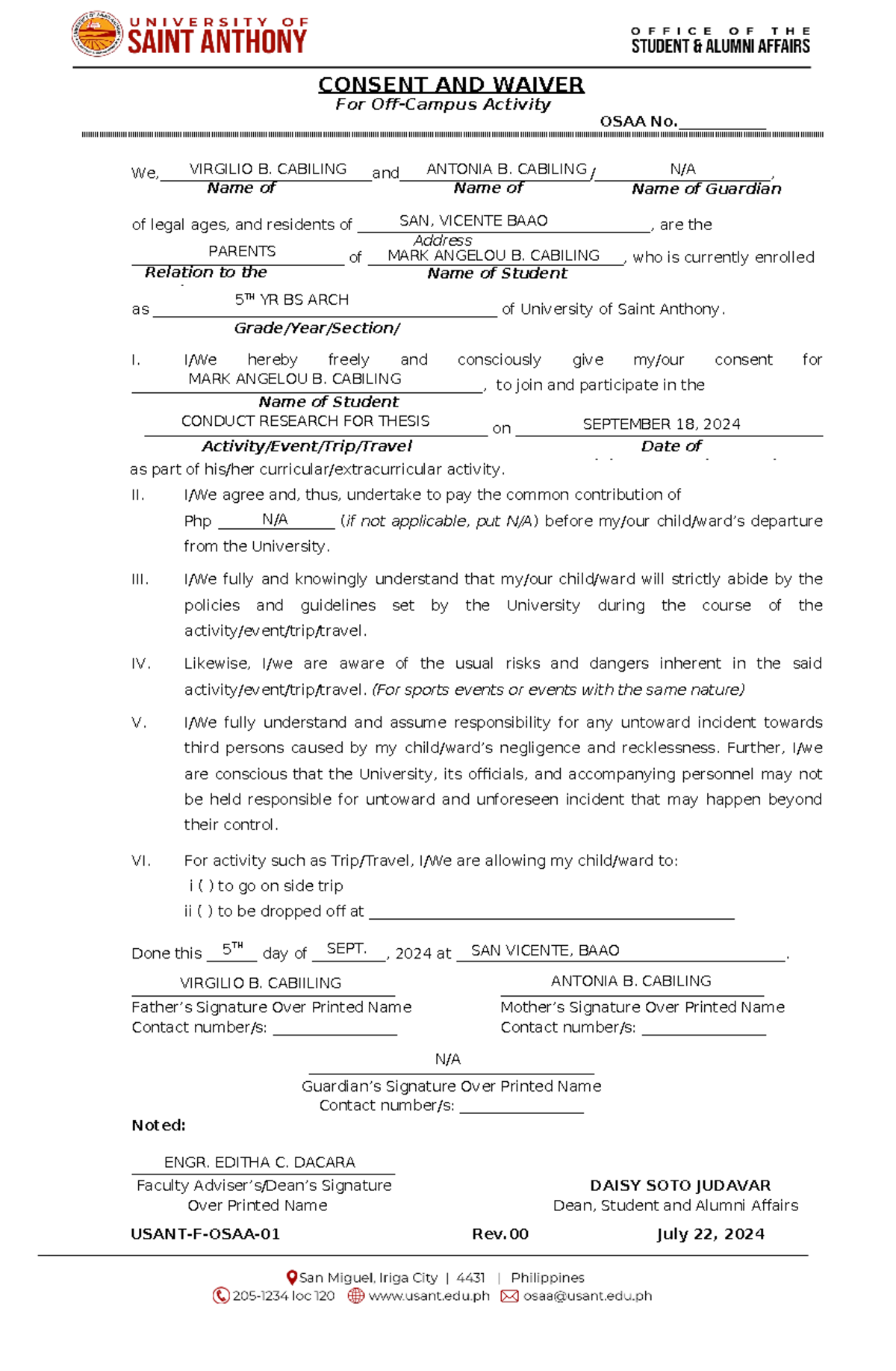 Off campus Consent AND Waiver - CONSENT AND WAIVER OSAA No ...