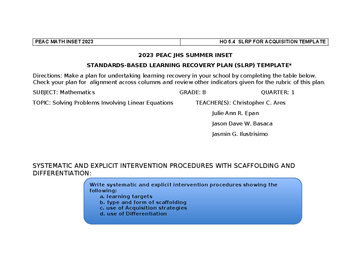 1 - Summary BSED Mathematics - PEAC MATH INSET 2023 HO 5 SLRP FOR ACQUISITION TEMPLATE 2023 PEAC ...
