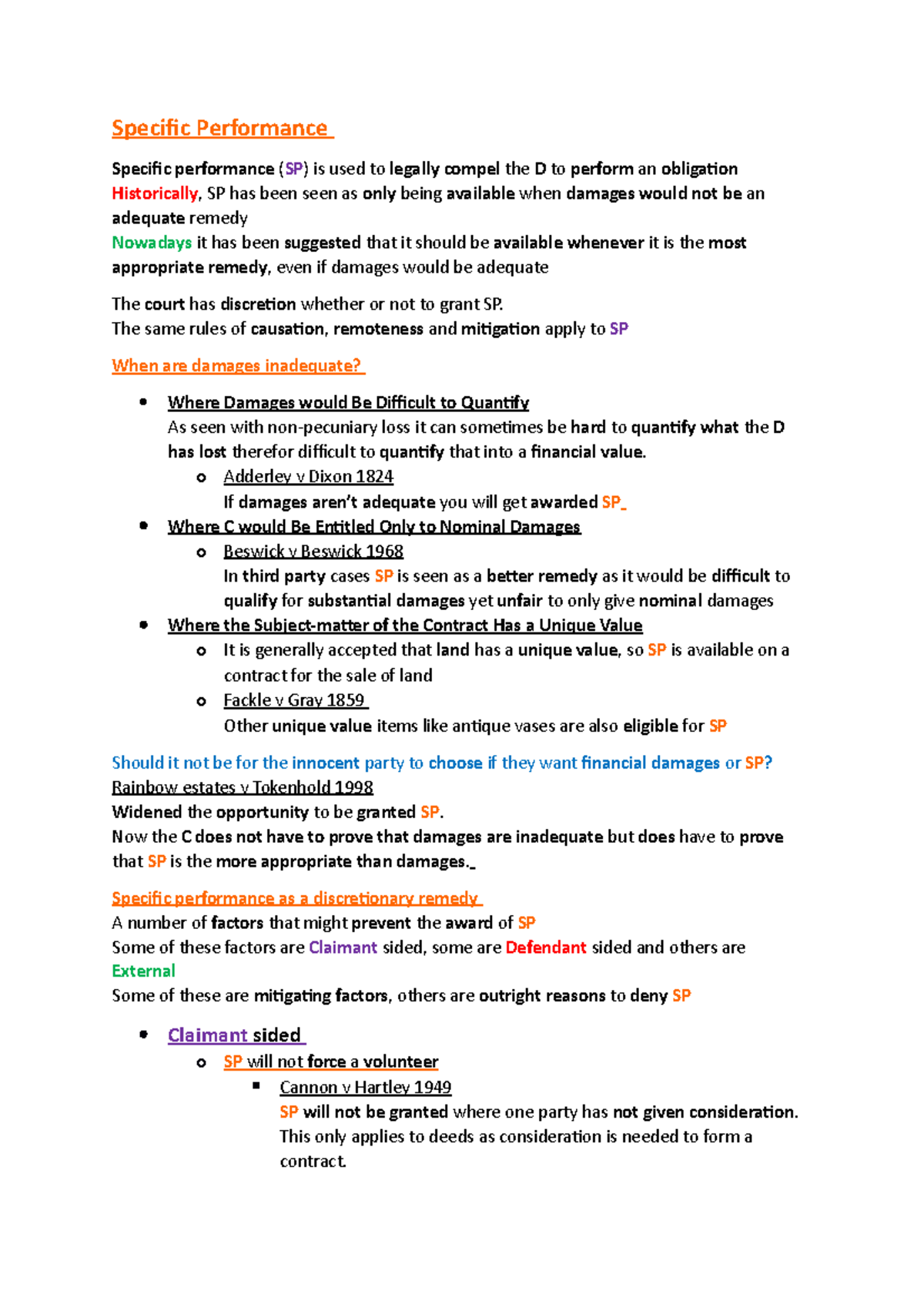 Specific Performance essay prep - LAW-4006B - UEA - Studocu
