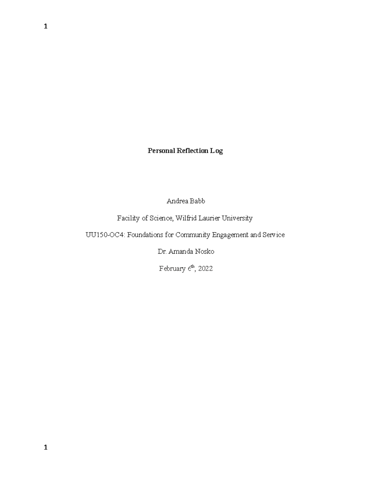 UU150 Personal Reflection Log - Personal Reflection Log Andrea Babb ...
