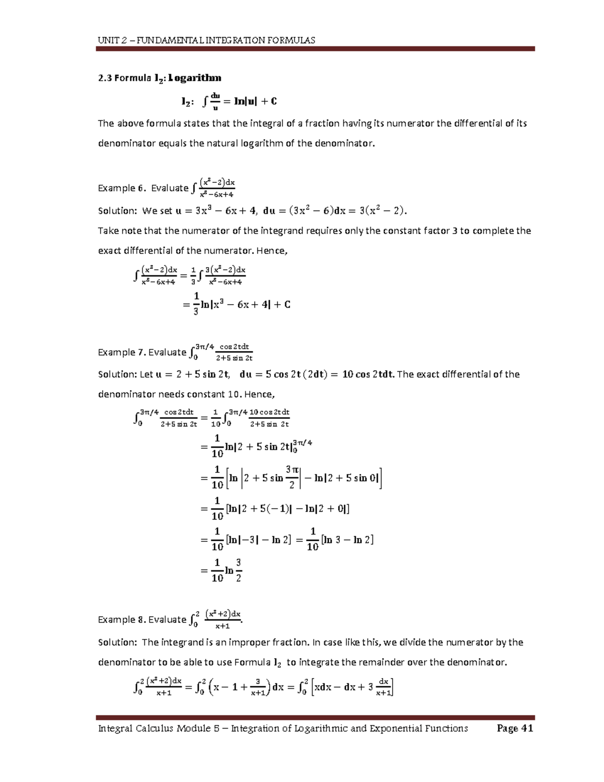 Module 5 Log and Exponential - 2 Formula ∫ | | The above formula states ...