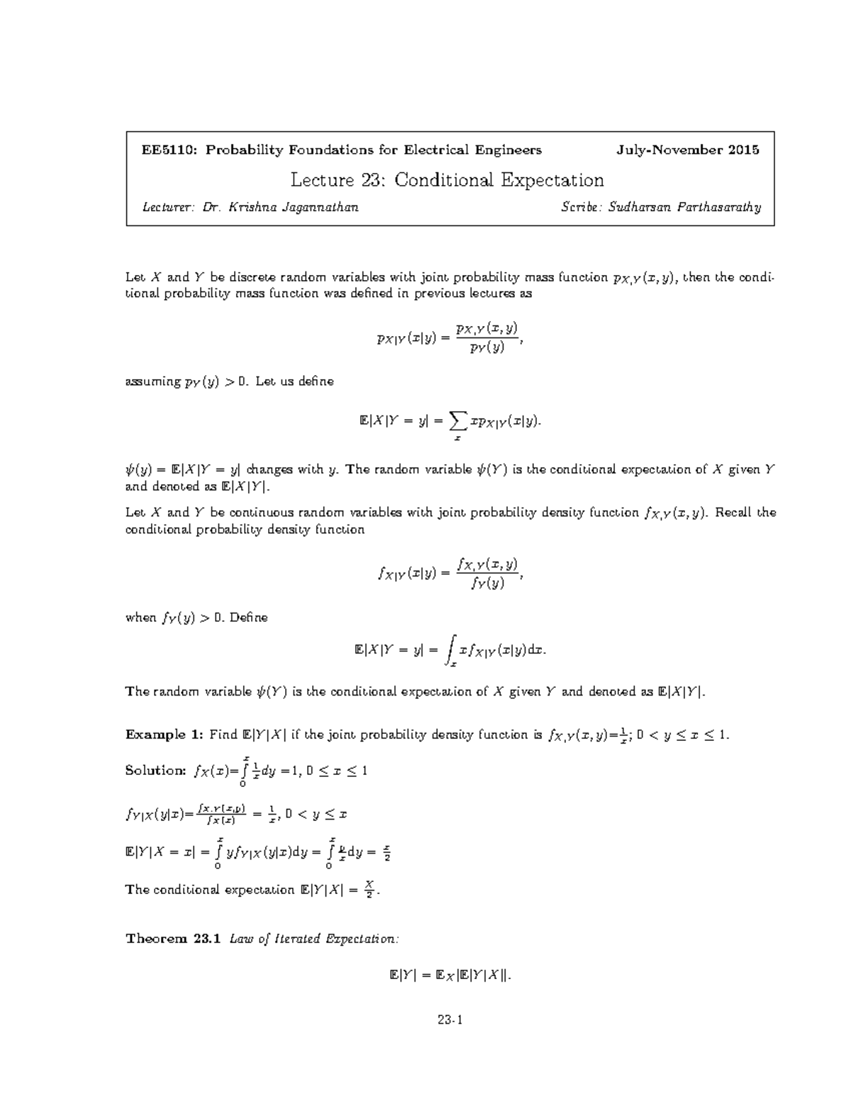 Lecture 23 conditional expectation - EE5110: Probability Foundations for Electrical Engineers ...