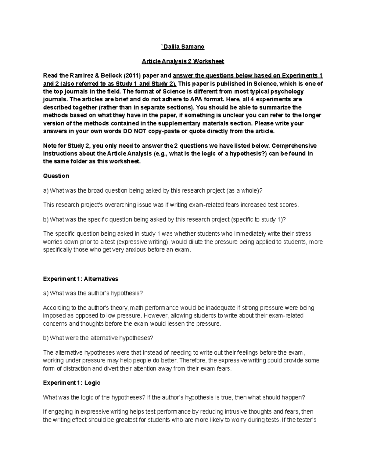 Analysis 2 - `Dalila Samano Article Analysis 2 Worksheet Read the ...