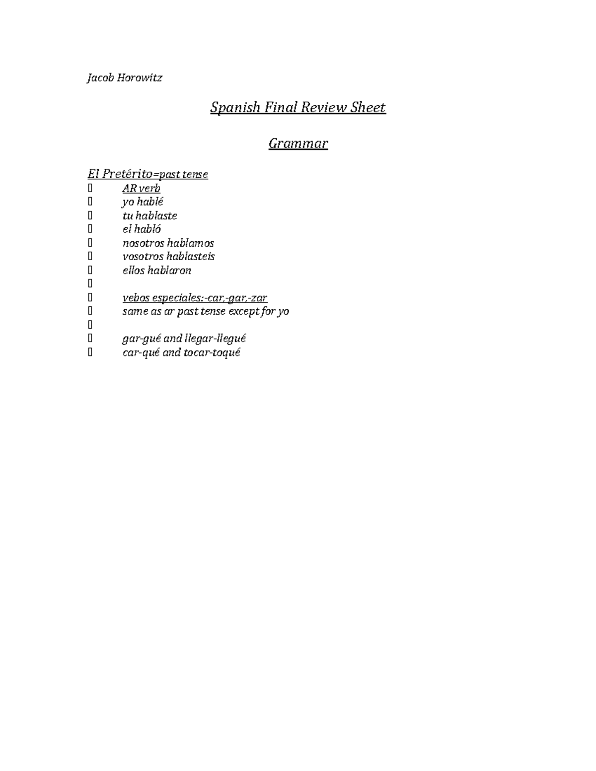 Spanish Final Review Sheet - Jacob Horowitz Spanish Final Review Sheet ...