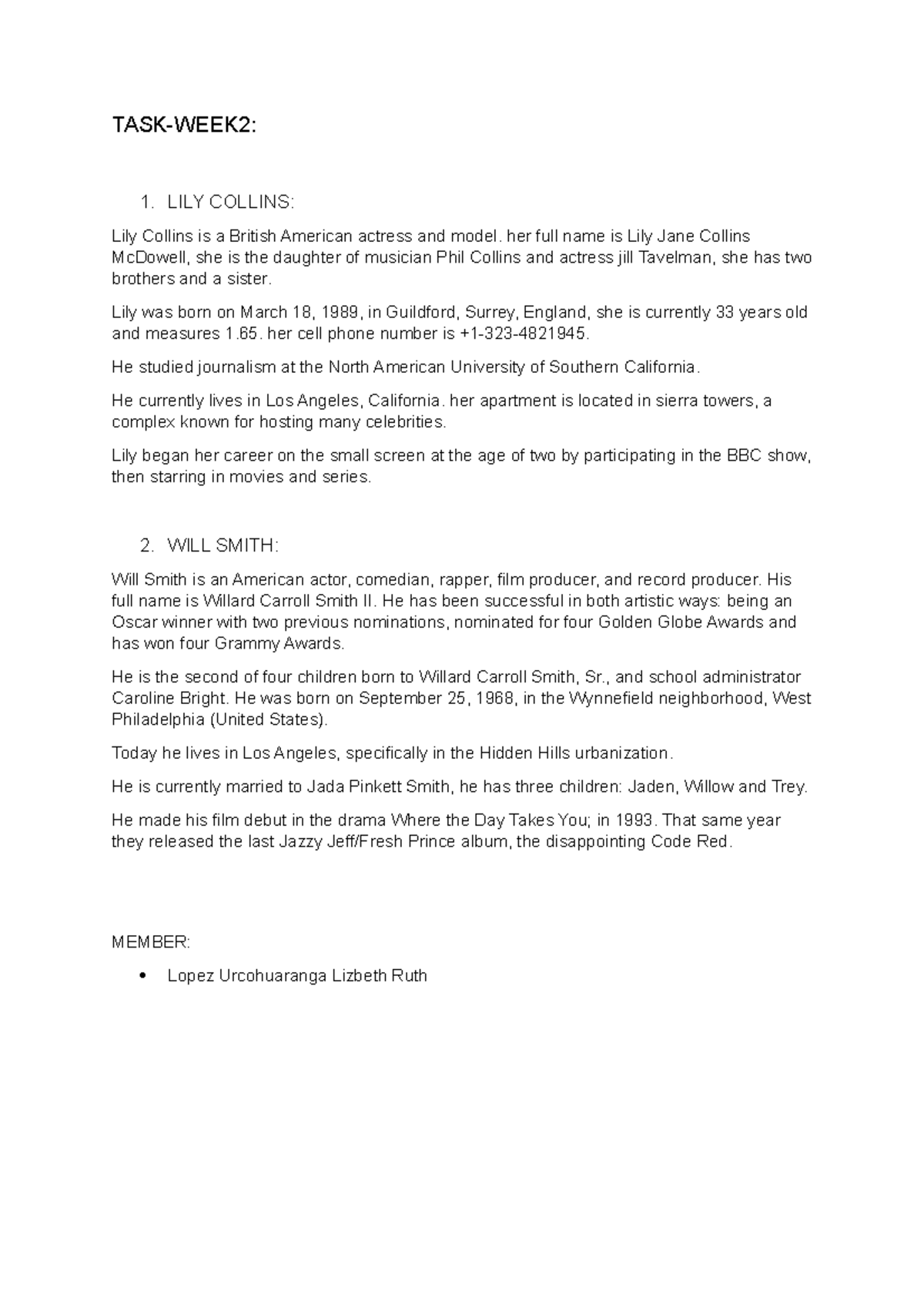 TASK-week2 - conversacion - TASK-WEEK2: 1. LILY COLLINS: Lily Collins is a British American ...