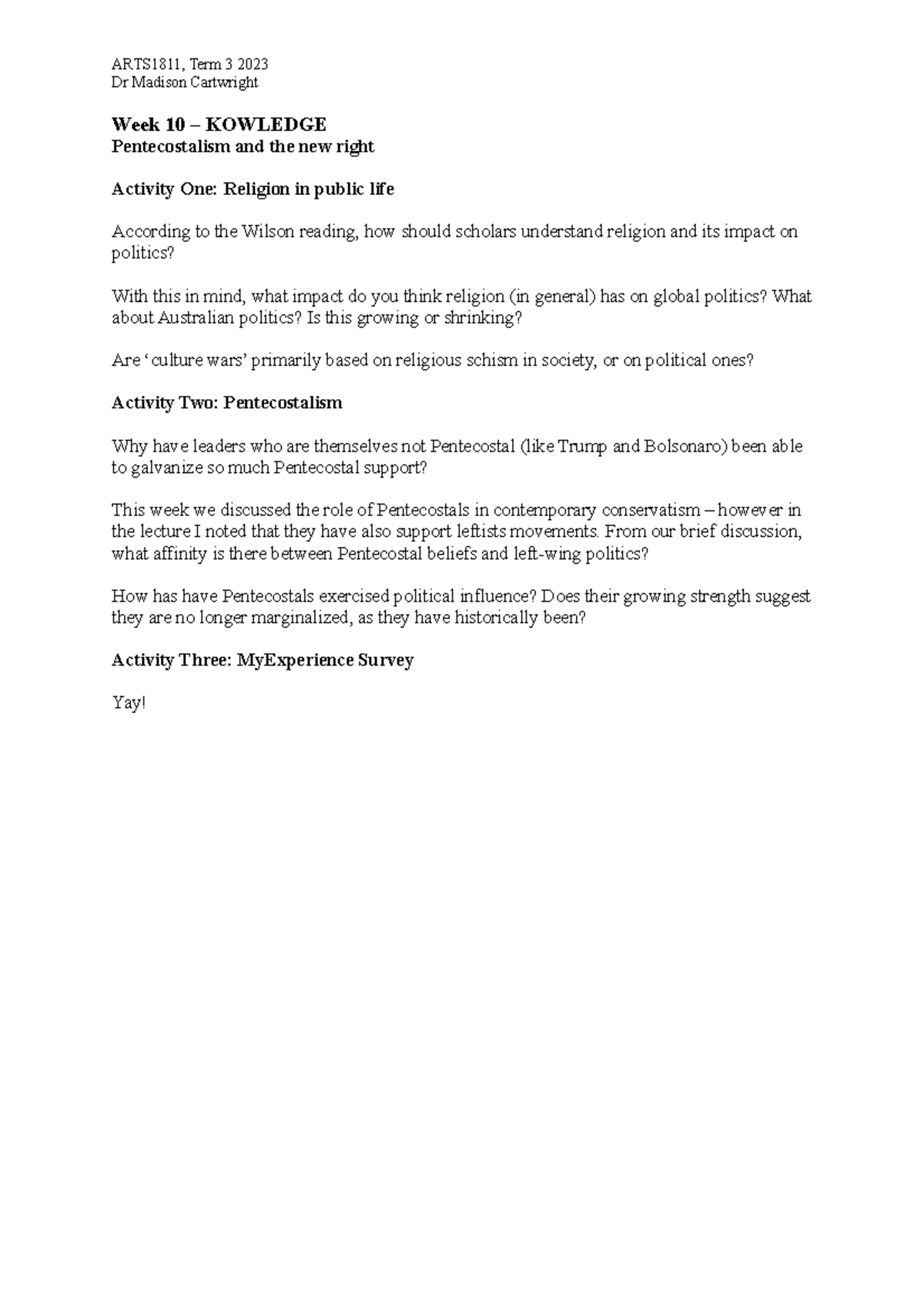 Lesson Plan Week 10 Knowledge - ARTS1811, Term 3 2023 Dr Madison ...