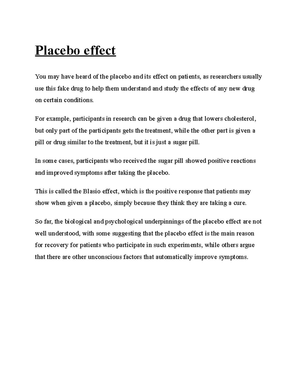 Placebo effect - Biology - SBI3C1 - Human body - Placebo effect You may ...