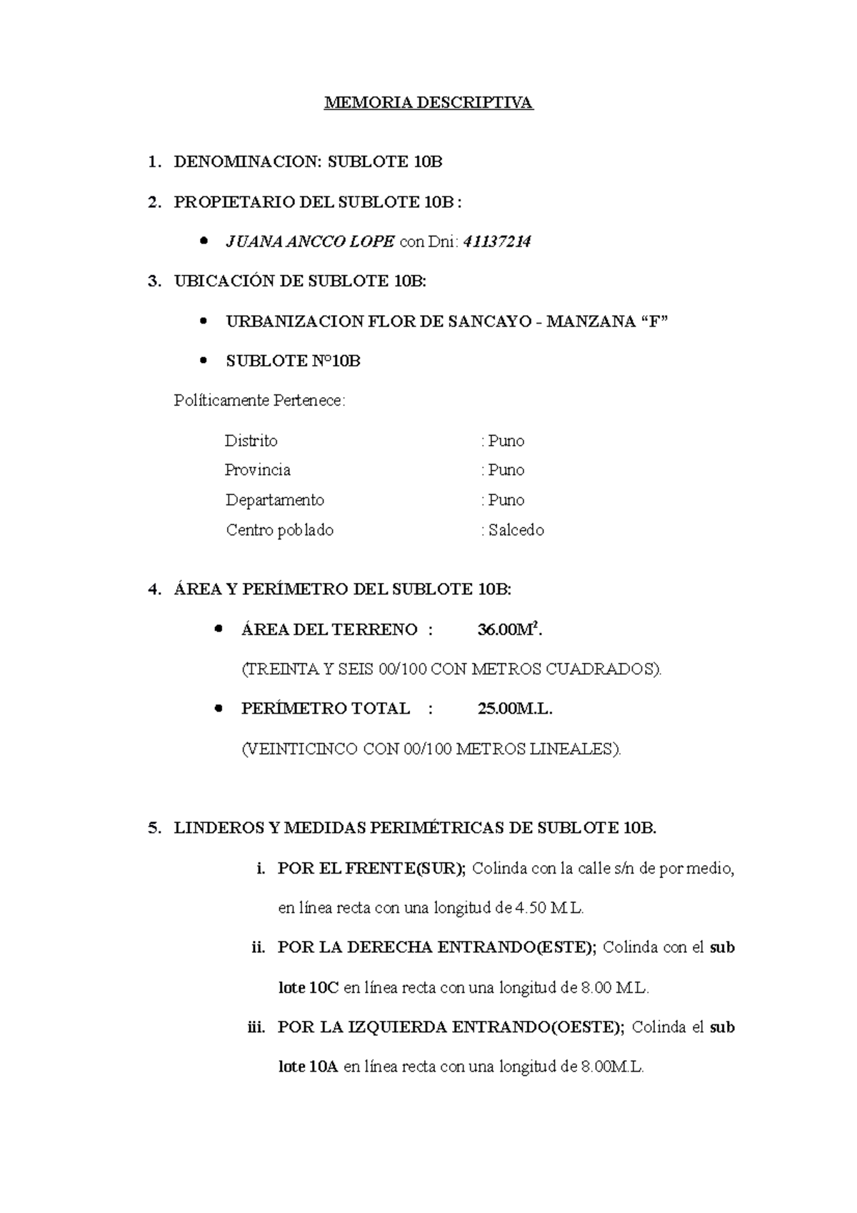 1.MD Sublote 10B - APUNTES - MEMORIA DESCRIPTIVA 1. DENOMINACION ...