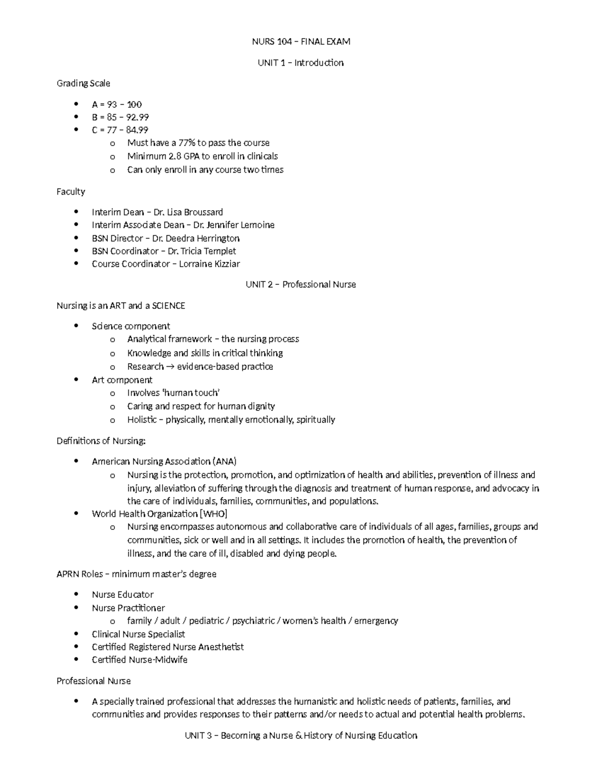 Final EXAM NURS - NURS 104 – FINAL EXAM UNIT 1 – Introduction Grading ...