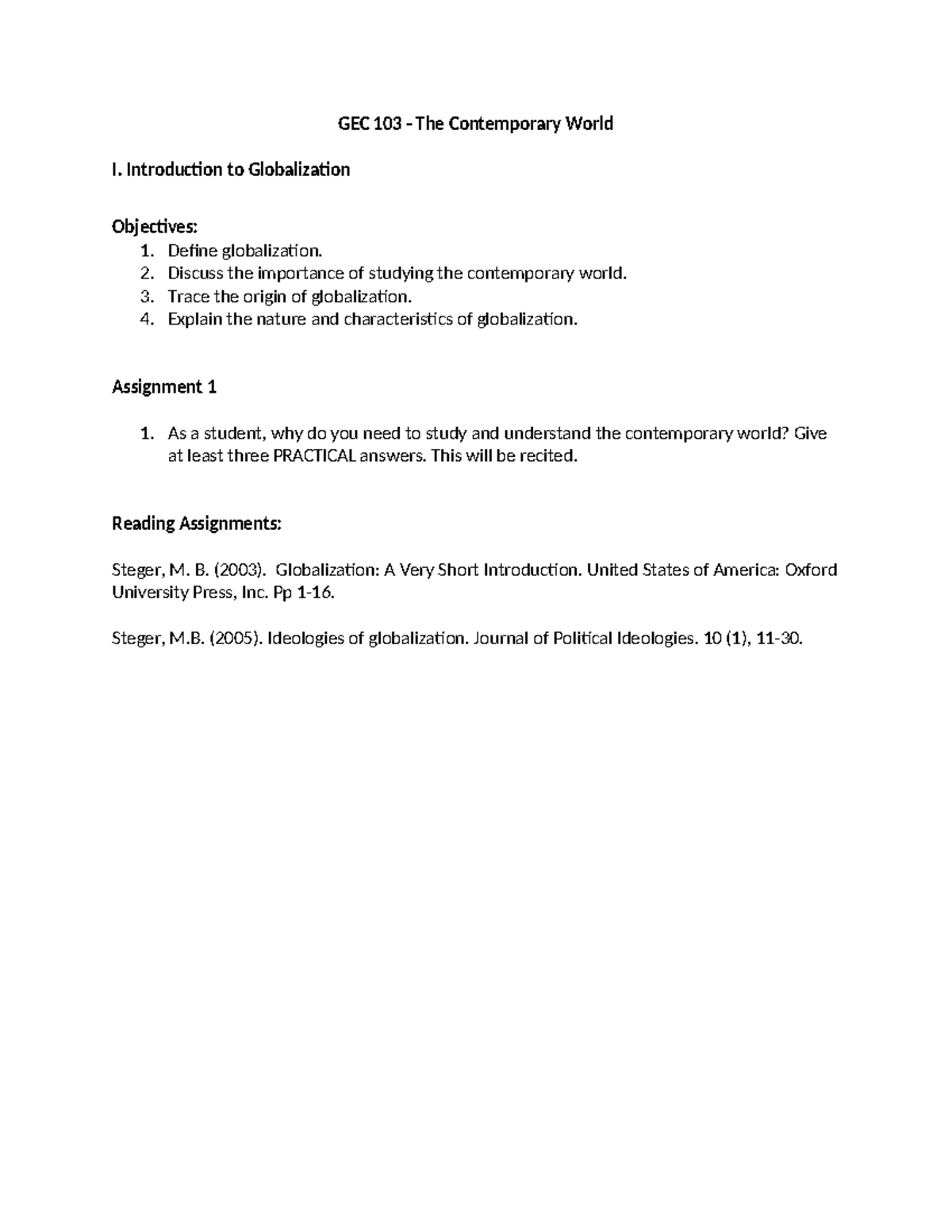 Assignments-1-2 - Introduction of globalization - GEC 103 - The ...