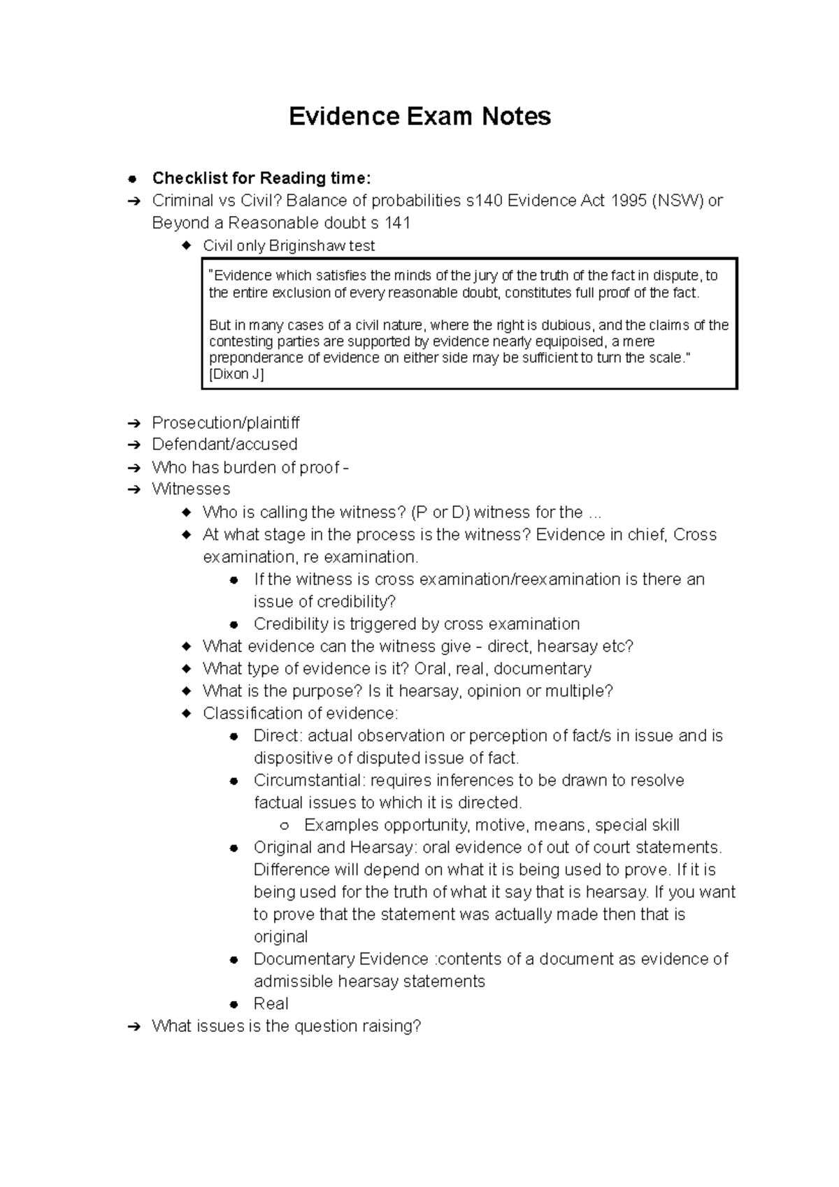 Evidence Exam Notes - Summary - Evidence Exam Notes Checklist for ...