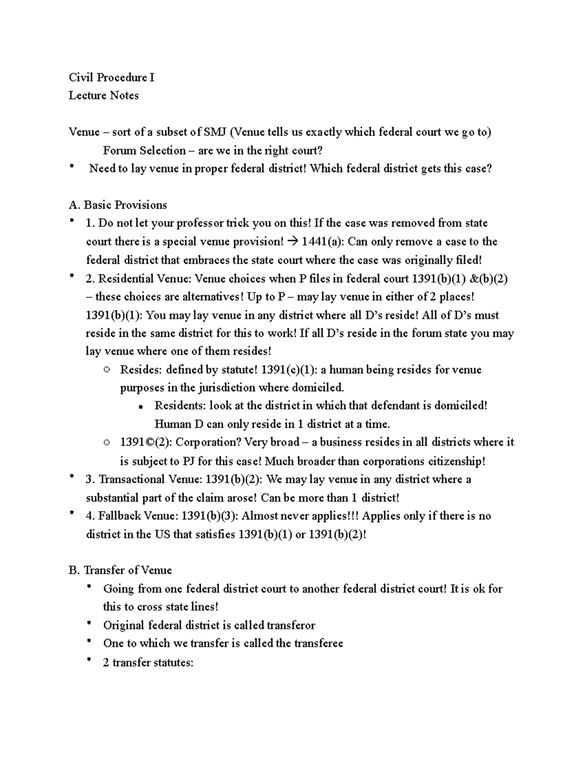 Civil Procedure I Lecture Notes Venue Civil Procedure I Lecture Notes