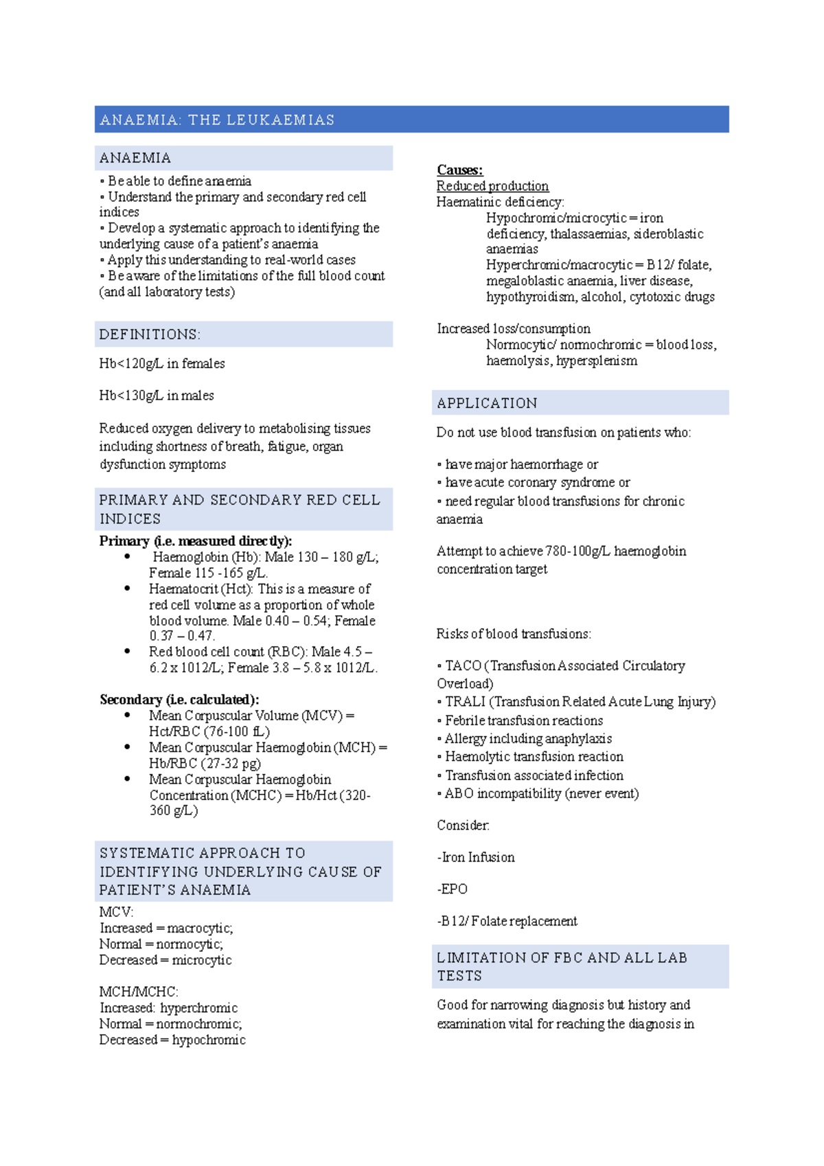 Anaemia Notes Haematology ANAEMIA THE LEUKAEMIAS ANAEMIA Be Able To