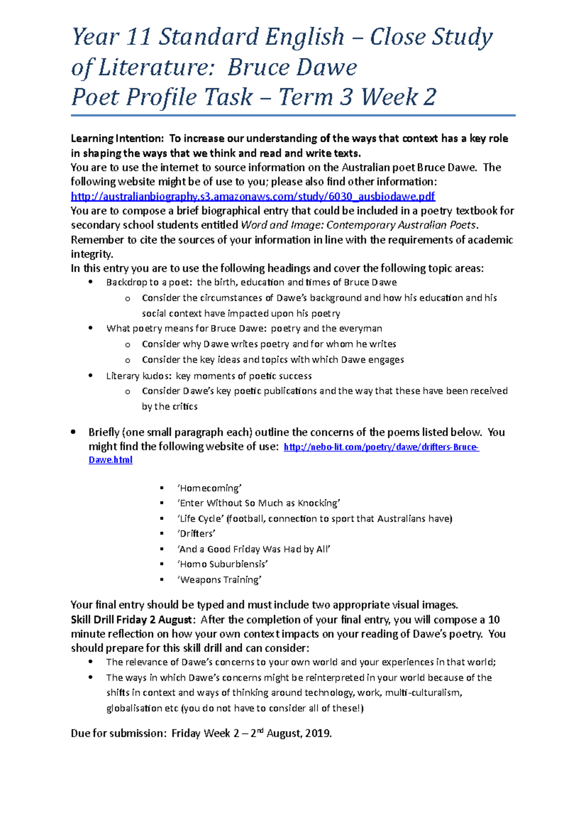 Year 11 Standard English Close Study of Literature: Bruce Dawe Poet ...