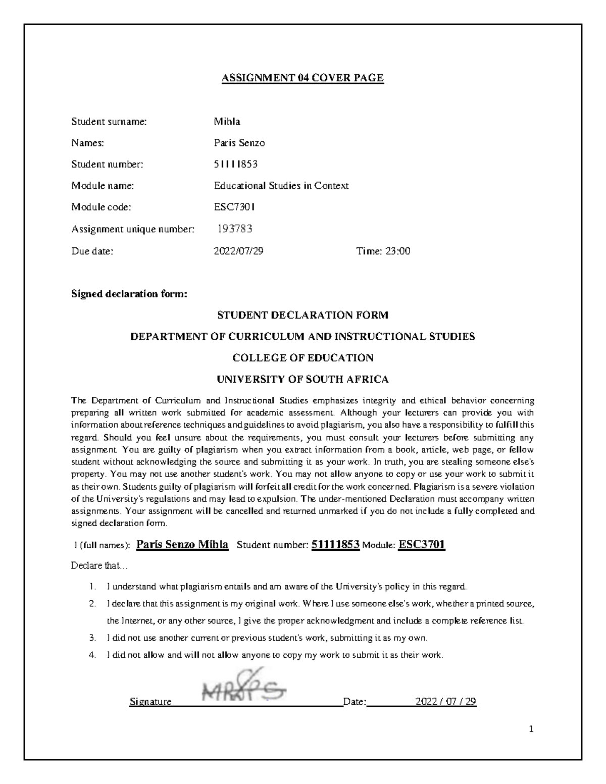 ESC3701 Assignment 04 - ASSIGNMENT 04 COVER PAGE Student surname: Mihla ...