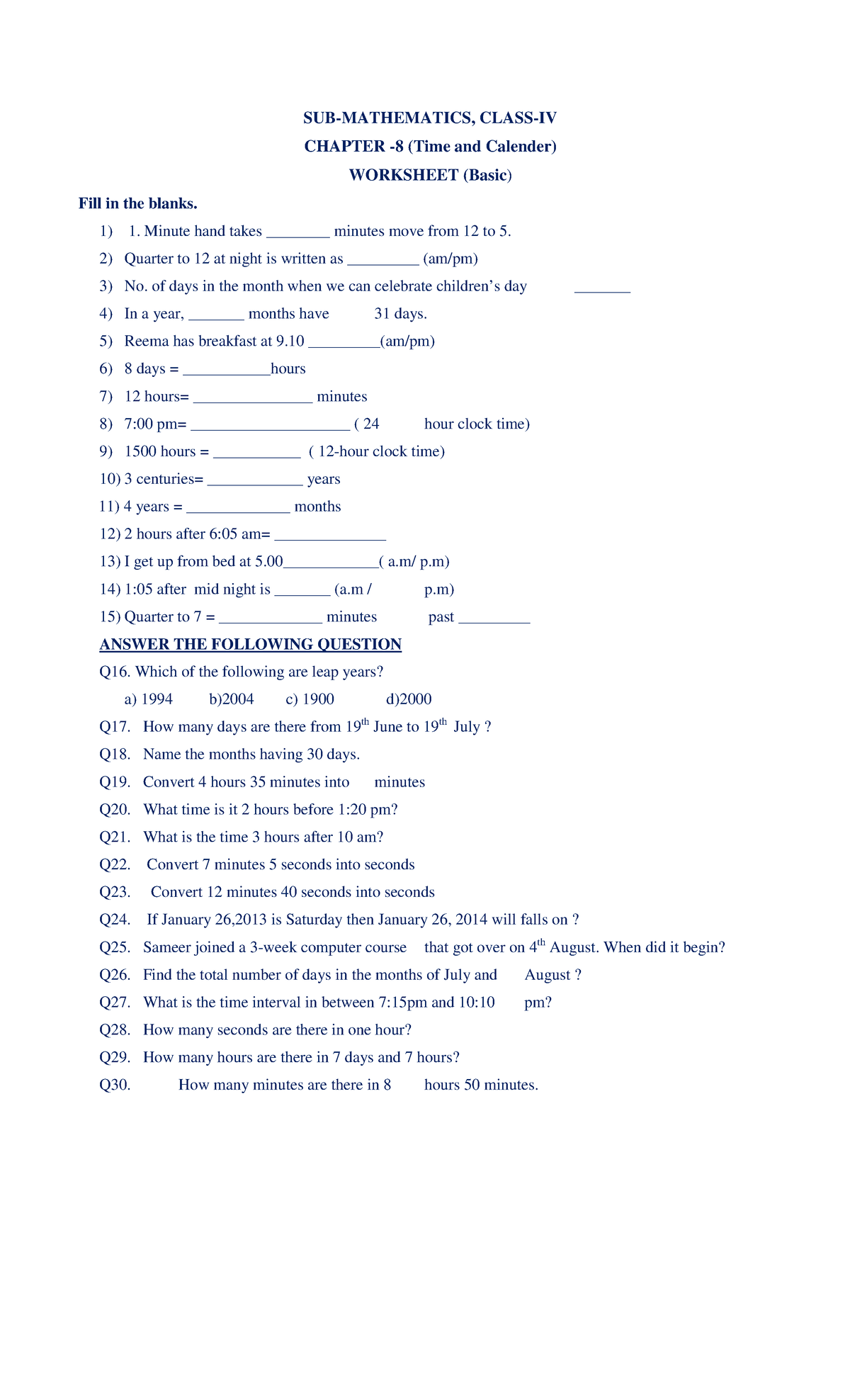WS-Time and calender-basic - SUB-MATHEMATICS, CLASS-IV CHAPTER -8 (Time ...