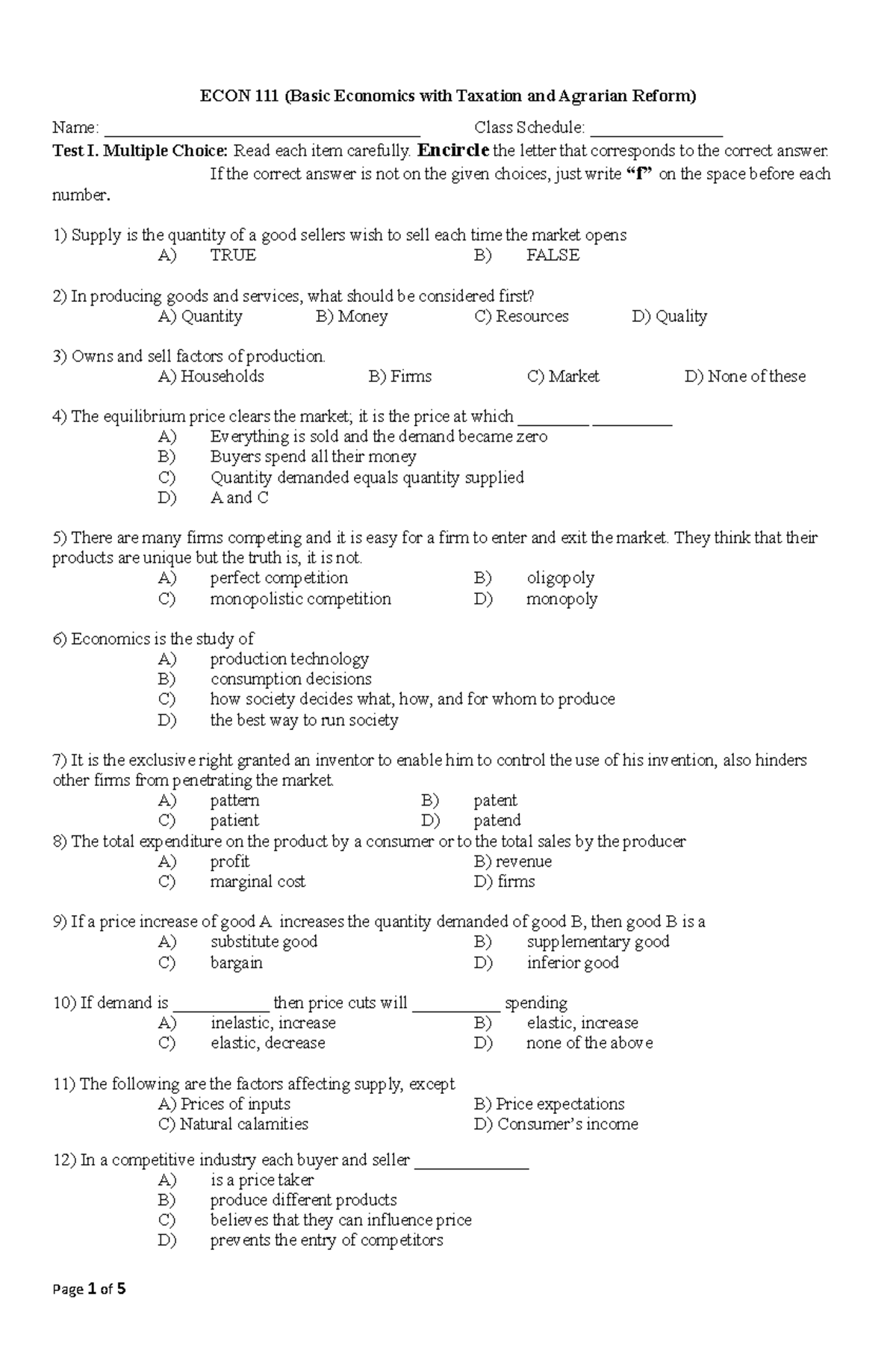 Econ midterm 2 - A multiple choice exam about Economics. - ECON 111 ...