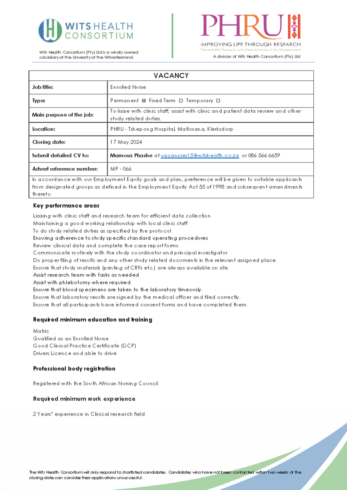 25515 Internal Advert - Enrolled Nurse -Phoenix -PHRU -May 2024 - Wits ...
