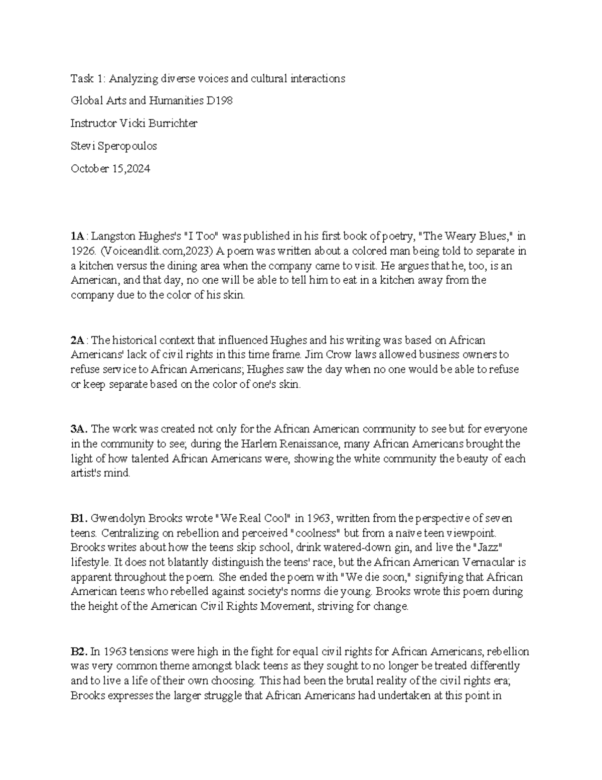 Global arts task 1 - D198 task 1 - Task 1: Analyzing diverse voices and cultural interactions ...