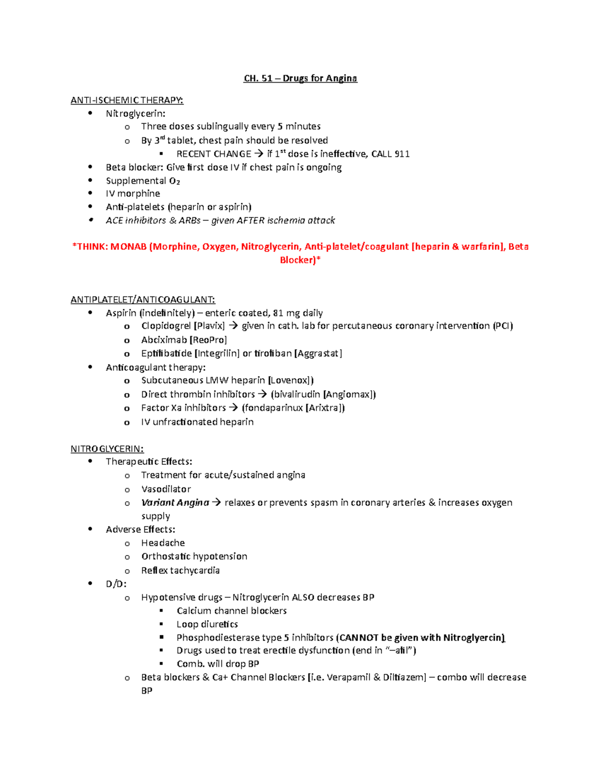 CH.51-Drugs for Angina - CH. 51 – Drugs for Angina ANTI-ISCHEMIC ...