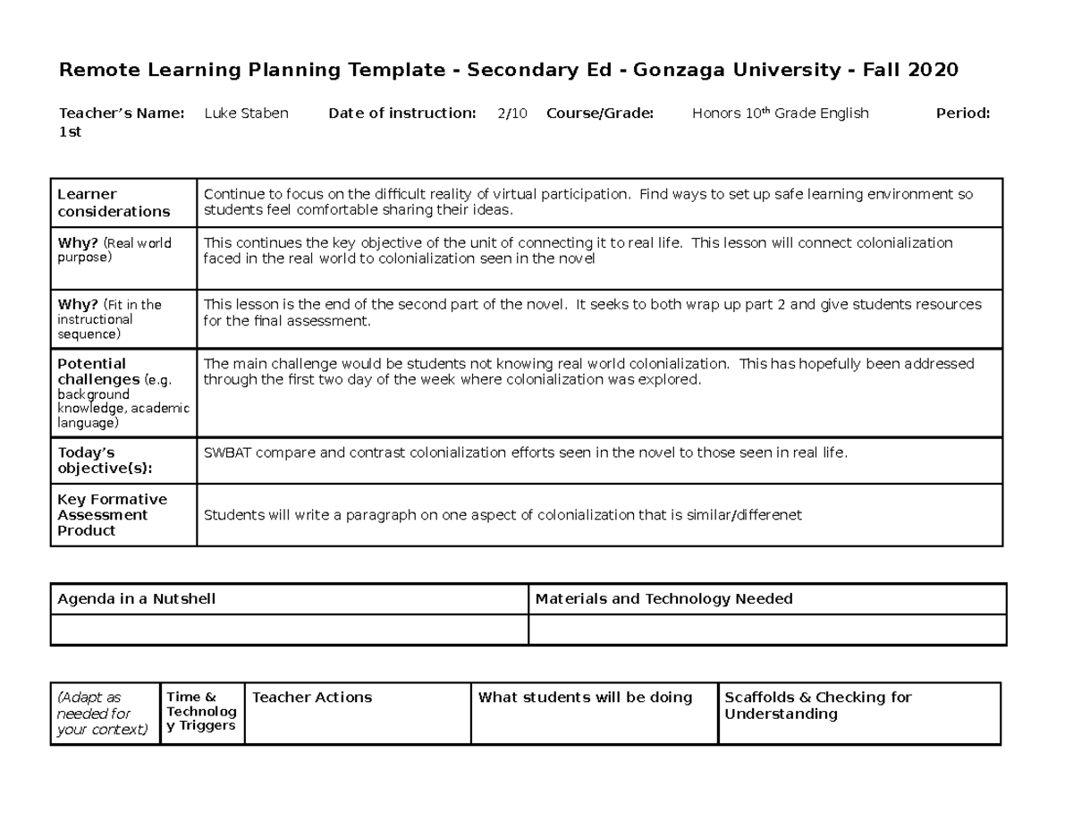 Lesson Plan 2 Unit Plan - Remote Learning Planning Template - Secondary ...