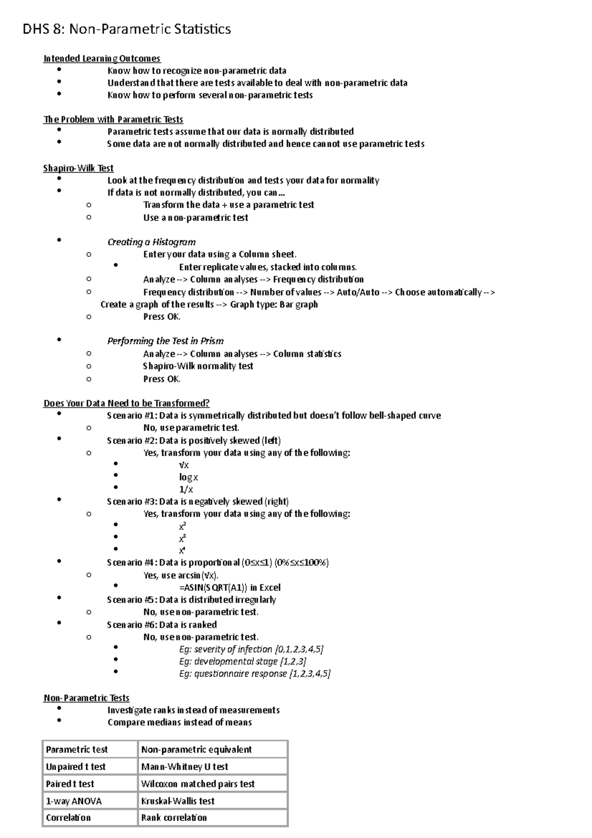 Dhs 8 notes abc - DHS 8: Non-Parametric Statistics Intended Learning ...